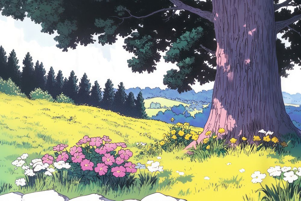 Meadow backdrop flowers nature grass. | Free Photo Illustration - rawpixel