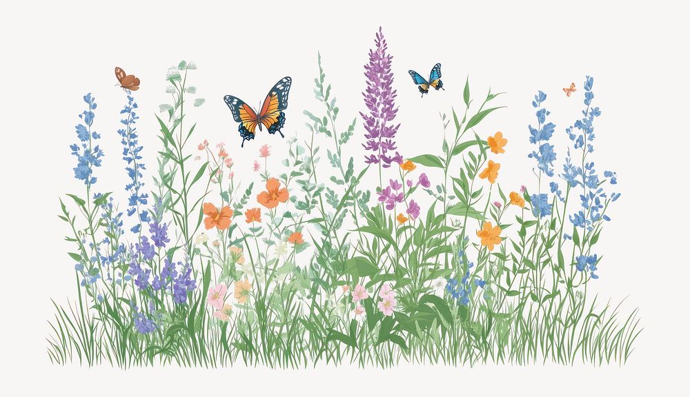 Wild grasses illustration butterflies flower | Free Vector Illustration ...