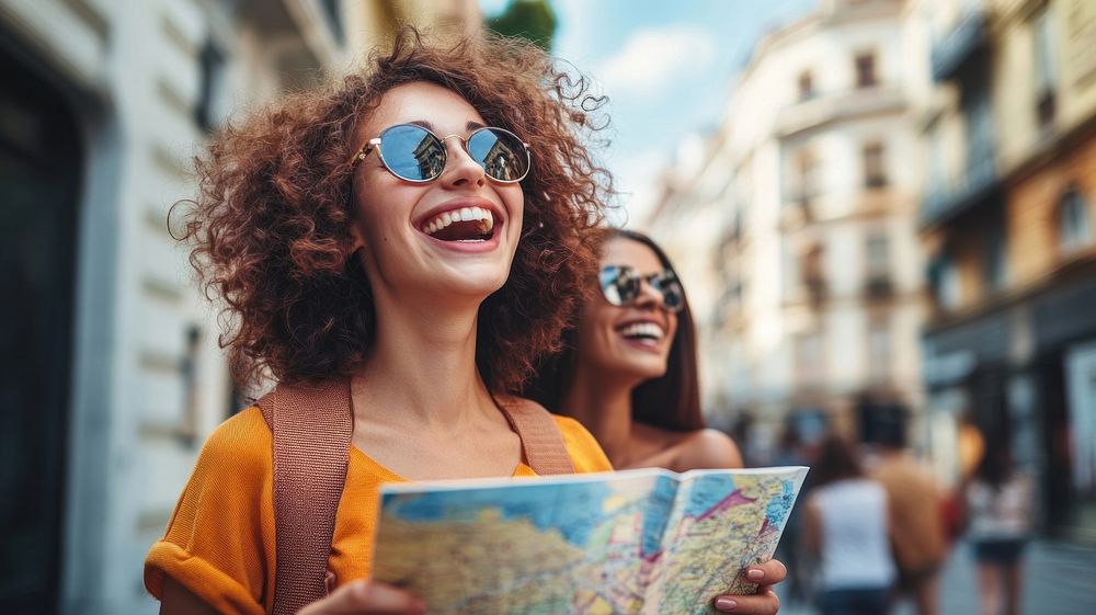 Happy woman tourist map laughing | Free Photo - rawpixel