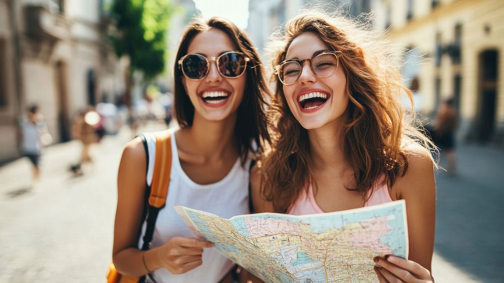 Happy woman tourist map laughing | Free Photo - rawpixel