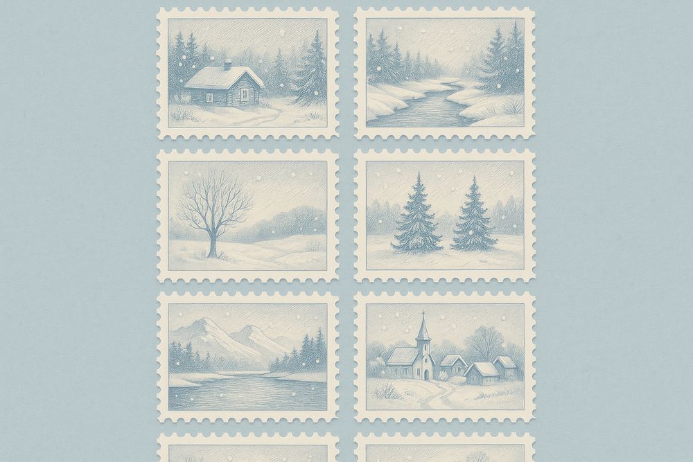 Vintage winter landscape stamps | Free Photo Illustration - rawpixel