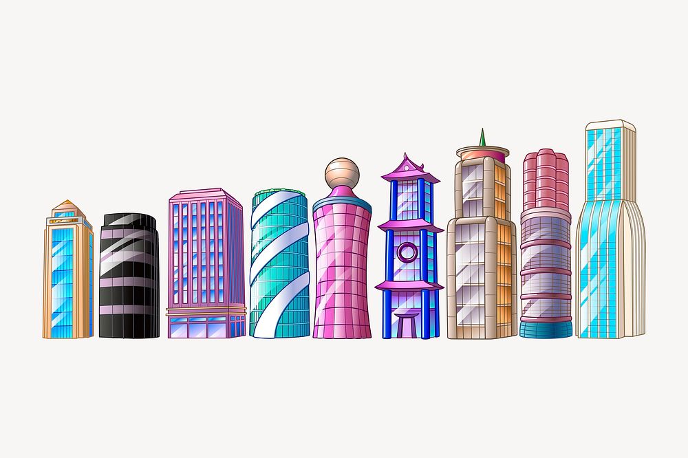 Colorful buildings sticker, cartoon architecture | Free PSD - rawpixel