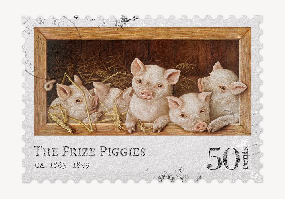 Piggies postage stamp, animal graphic | Free Photo - rawpixel