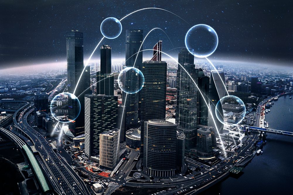 Connected office buildings, skyline background | Premium PSD - rawpixel