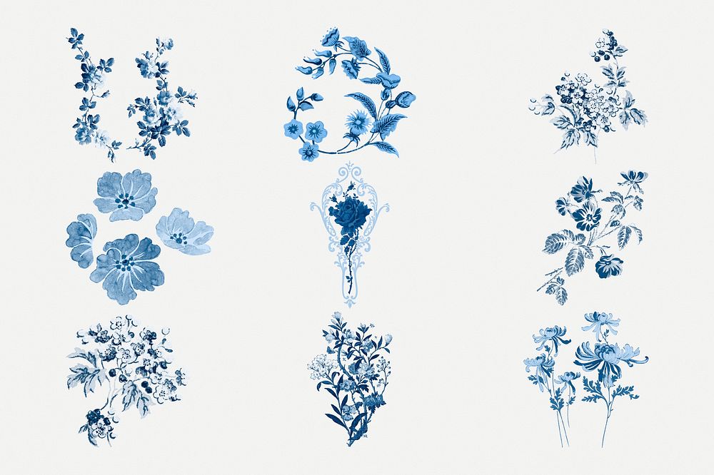 Blue flowers vintage clipart set | Premium Photo - rawpixel