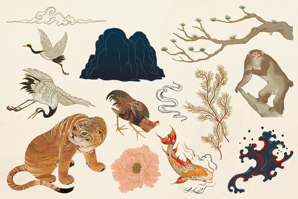 Japanese aesthetic animals, flowers collage | Premium Photo - rawpixel