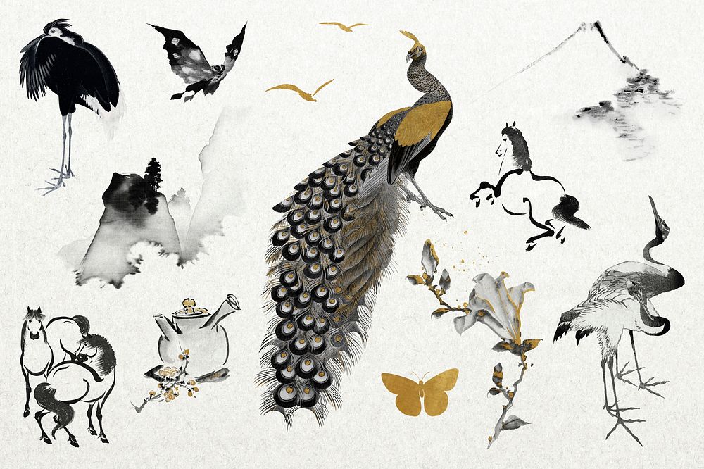 Japanese ink animals, nature collage | Premium Photo - rawpixel
