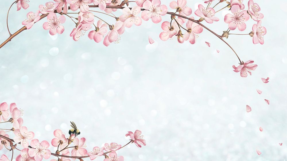 Sakura branch, green desktop wallpaper | Free Photo - rawpixel