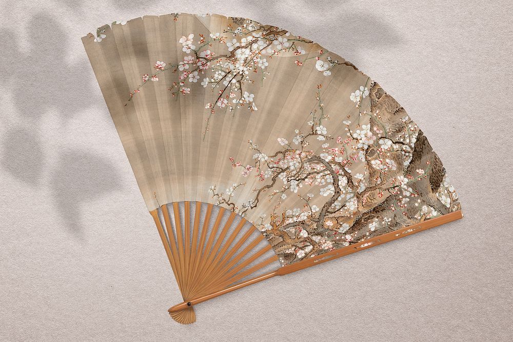 Beige floral hand fan. Remixed | Free Photo - rawpixel