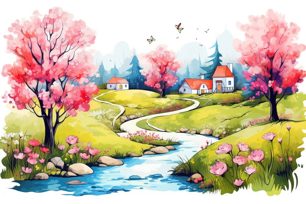 Landscape painting outdoors drawing. | Free Photo Illustration - rawpixel