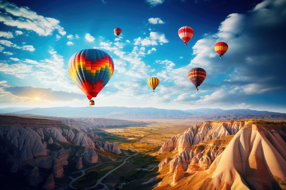 Balloon landscape mountain aircraft. AI | Free Photo - rawpixel