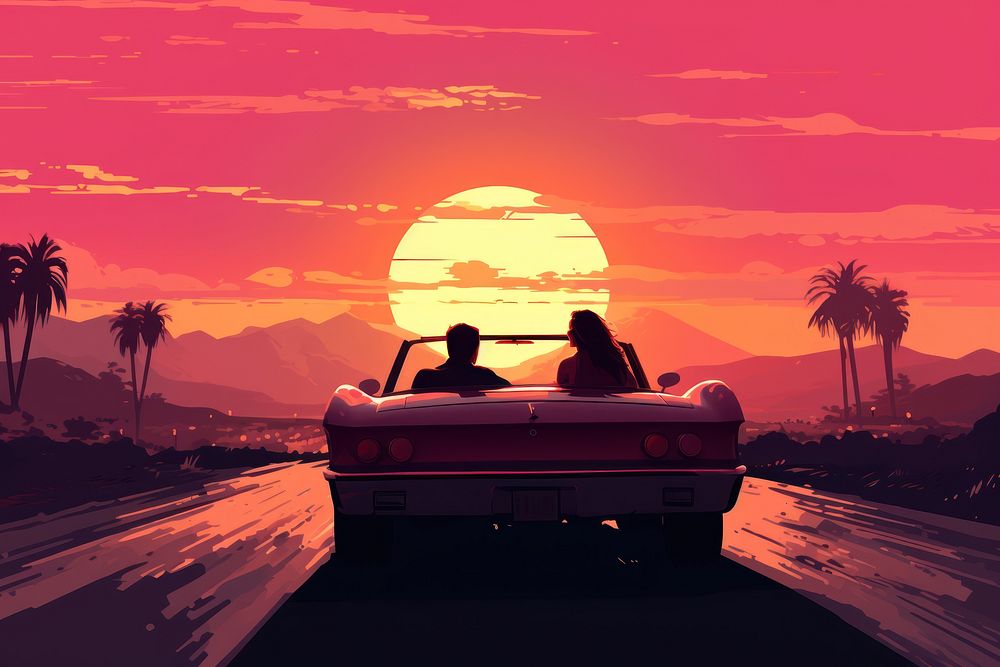 Convertible car vehicle driving sunset. | Premium Photo Illustration ...