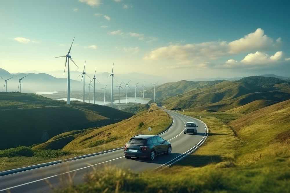 Car mountain windmill outdoors. AI | Free Photo - rawpixel