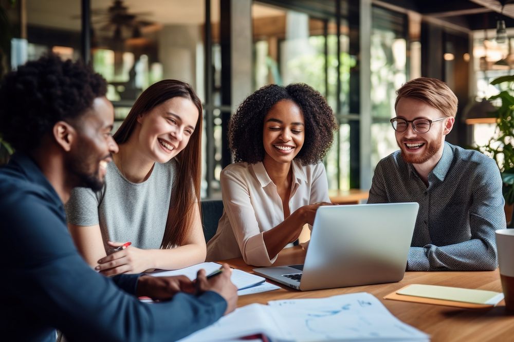 Teamwork laughing coworker computer. | Free Photo - rawpixel