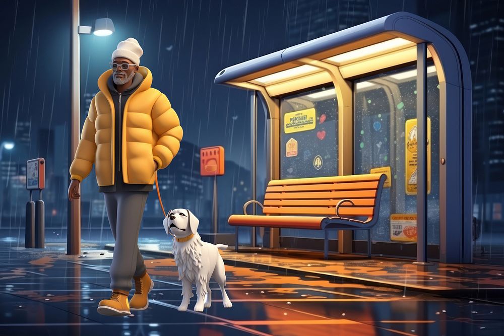 3D man dog bus stop | Free Photo Illustration - rawpixel