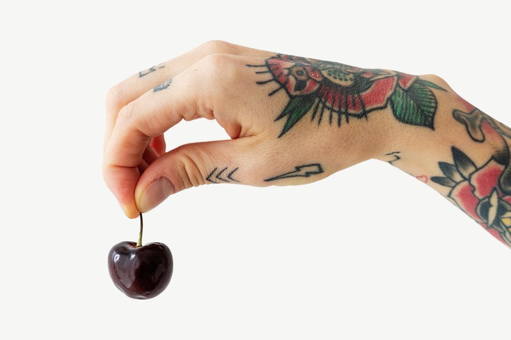 Hand holding cherry collage element | Premium PSD - rawpixel