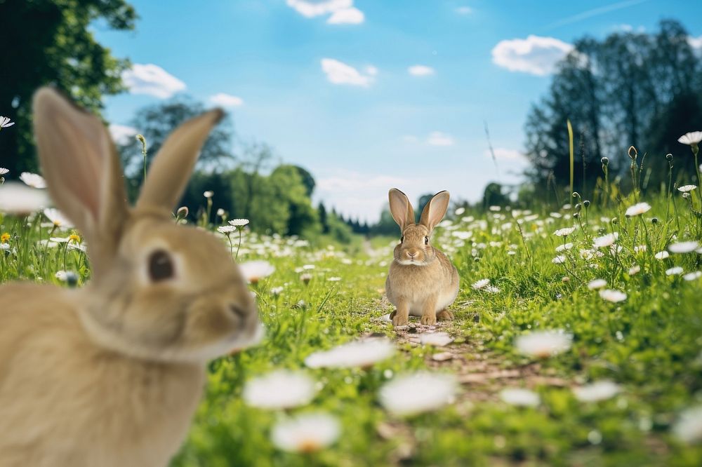 Rabbits & flower field animal | Premium Photo - rawpixel