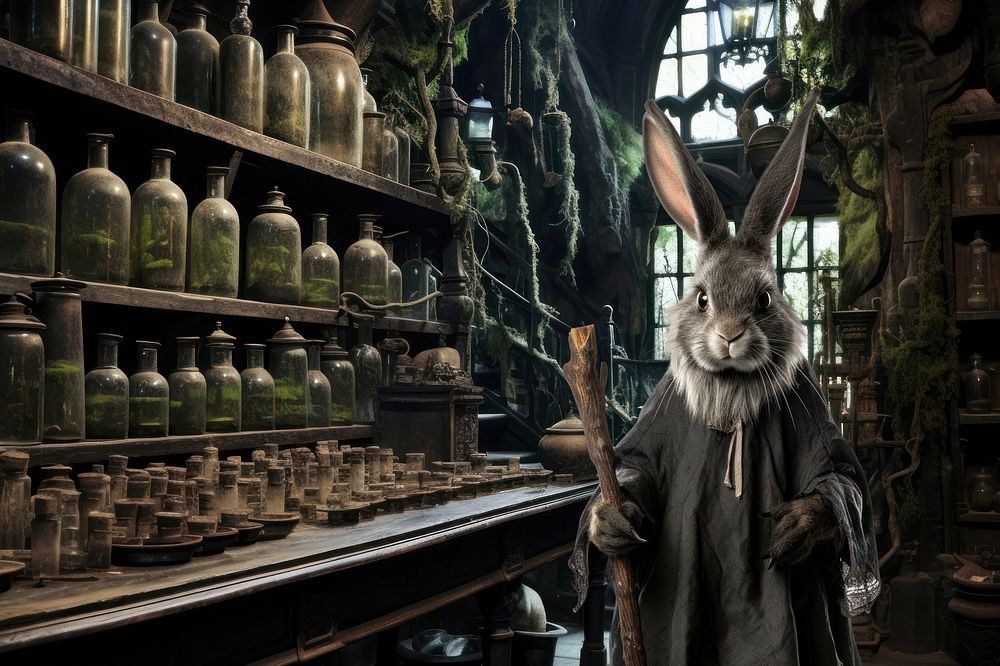 Rabbit wizard alchemy room fantasy | Free Photo Illustration - rawpixel