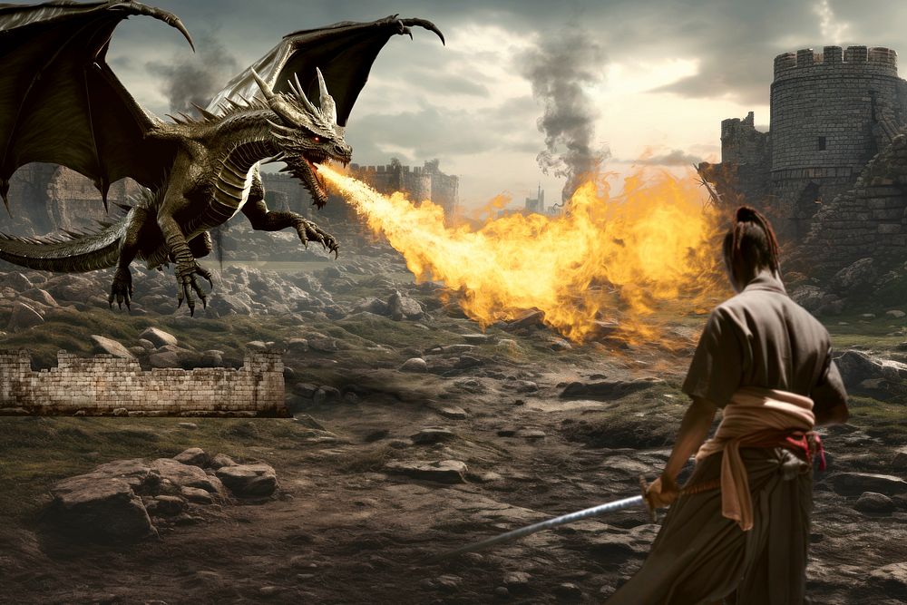 Samurai vs dragon fantasy remix | Premium Photo Illustration - rawpixel