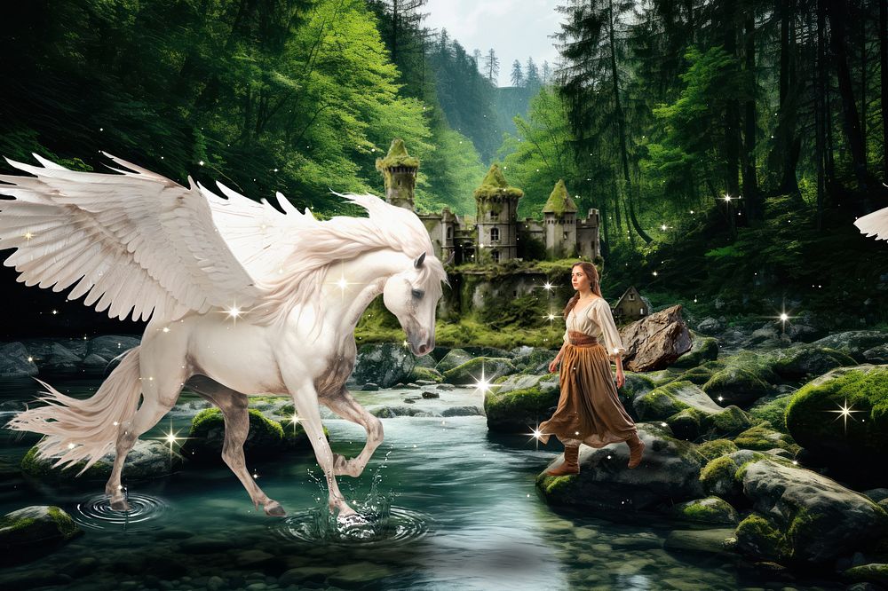 Pegasus and girl fantasy remix | Free Photo Illustration - rawpixel