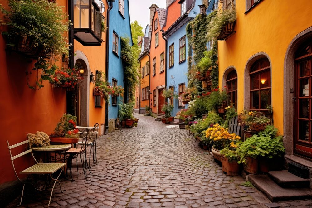 European alley building architecture cobblestone. | Premium Photo ...