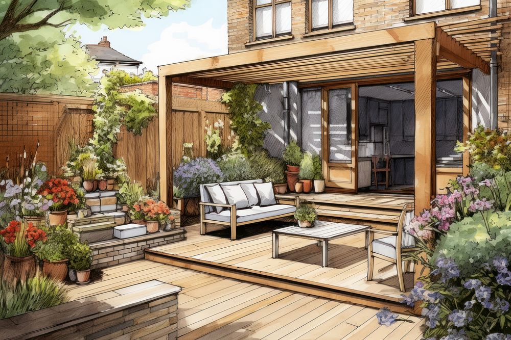 Back garden patio architecture furniture | Premium Photo Illustration ...
