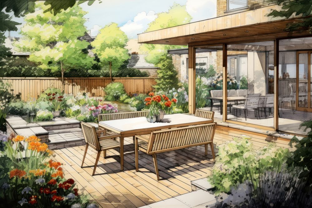 Back garden patio architecture furniture | Premium Photo Illustration ...