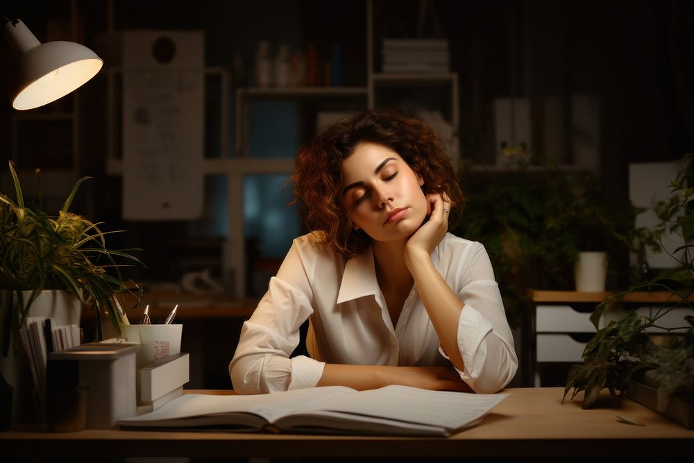 Exhausted adult woman desk. AI | Premium Photo - rawpixel