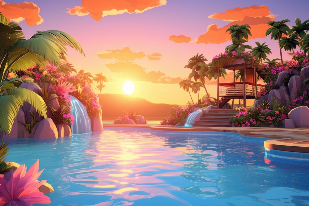 Sunset pool party architecture outdoors | Premium Photo Illustration - rawpixel