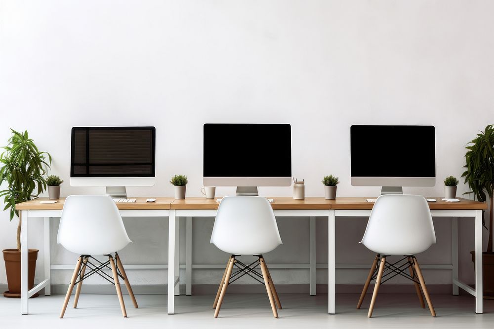 3 desks computers chairs office | Free Photo - rawpixel