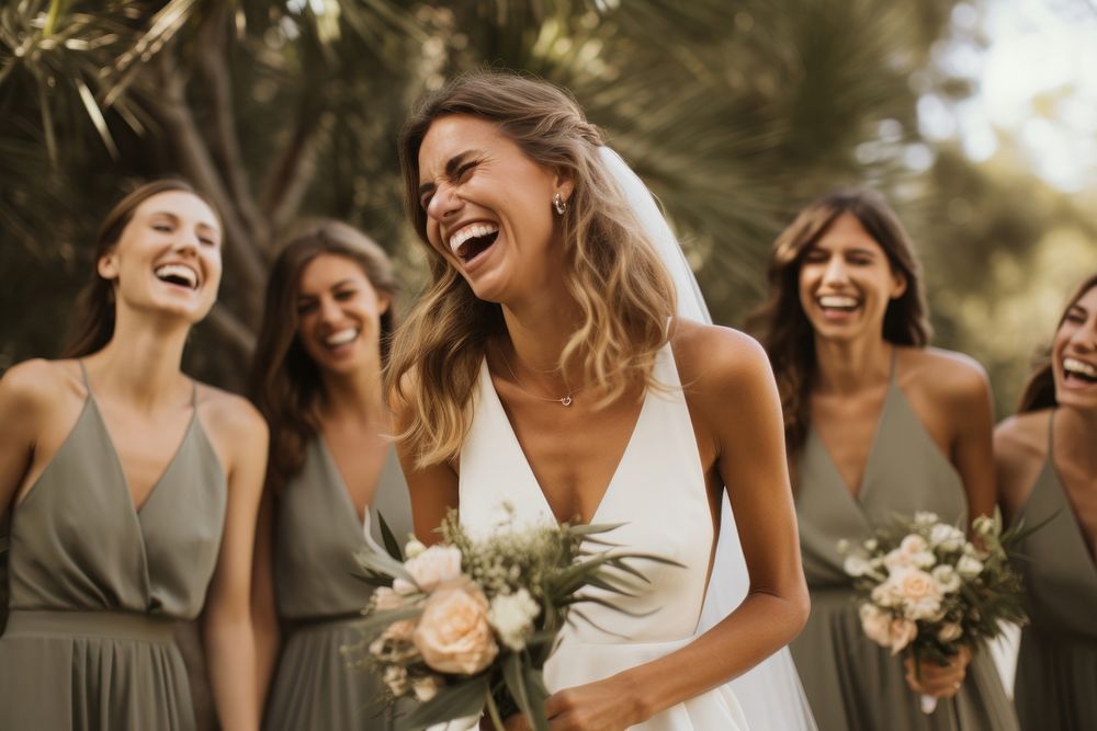 Wedding dress bride bridesmaid laughing. | Premium Photo - rawpixel
