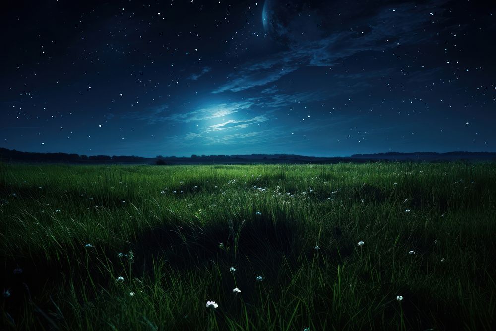 Nighttime meadow landscape grassland outdoors. | Free Photo - rawpixel