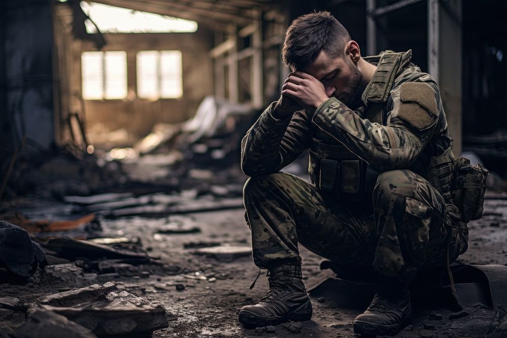 Soldier military worried sitting. AI | Free Photo - rawpixel