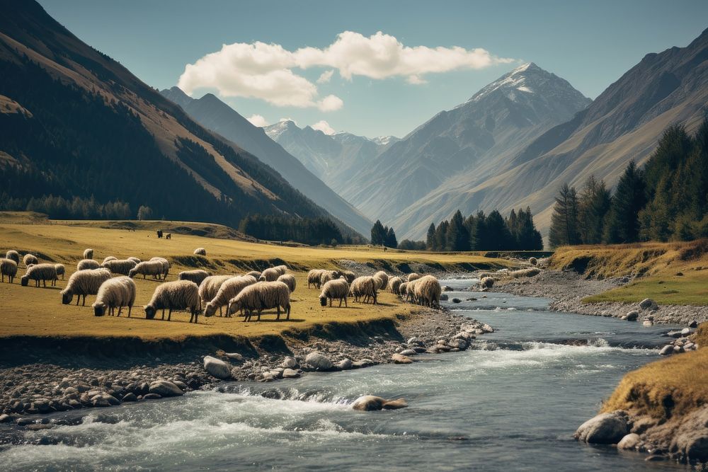 Mountain grazing sheep herd. AI | Premium Photo - rawpixel