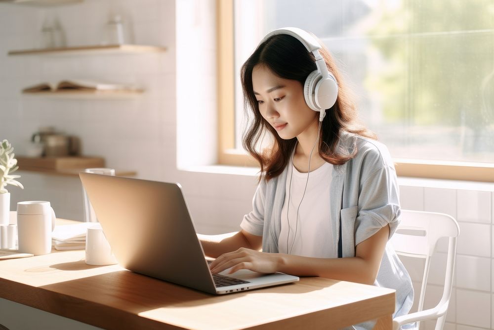 Woman wearing headset computer laptop | Free Photo - rawpixel