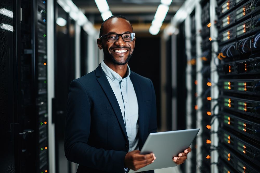 Smiling technician laptop server room | Premium Photo - rawpixel