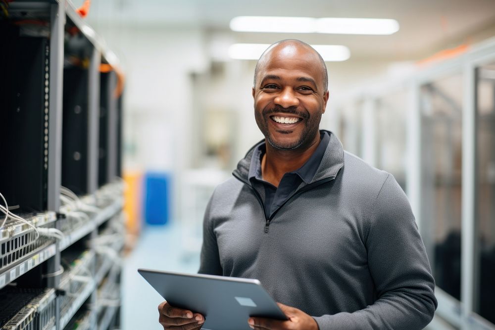 Smiling technician laptop server room | Free Photo - rawpixel
