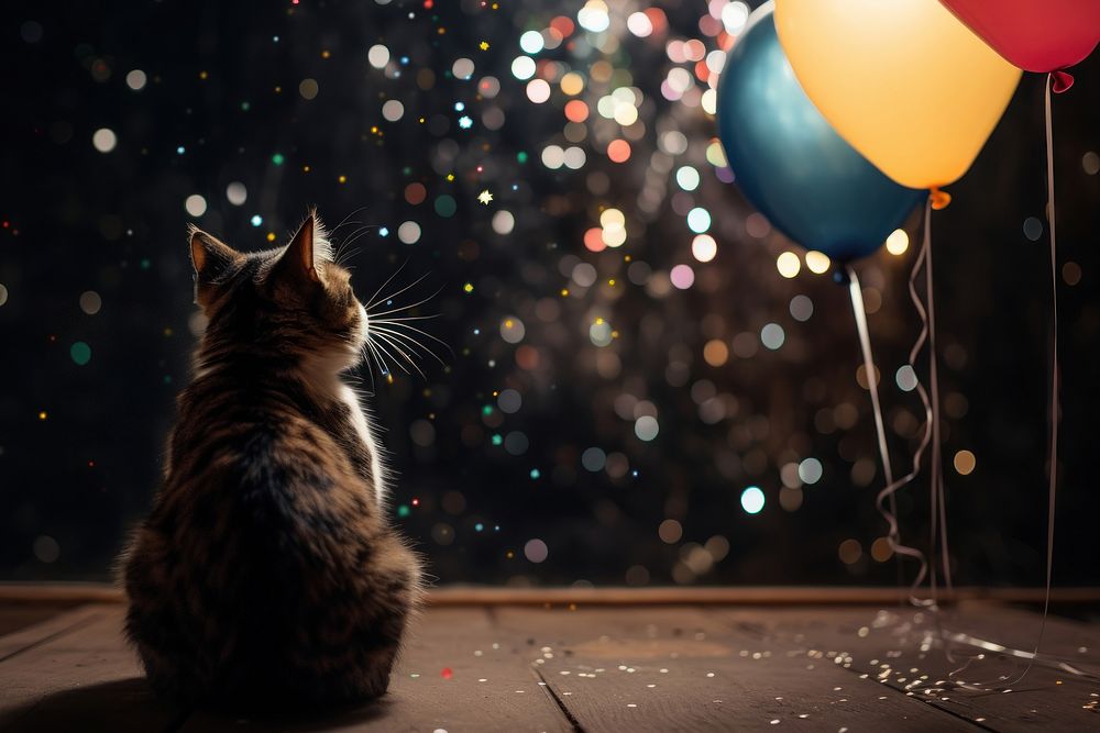 Cat looking balloon fireworks confetti. | Free Photo - rawpixel