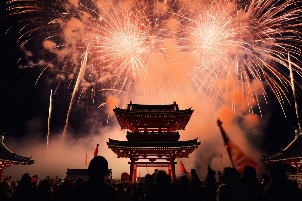 Japan fireworks festival architecture illuminated | Free Photo - rawpixel