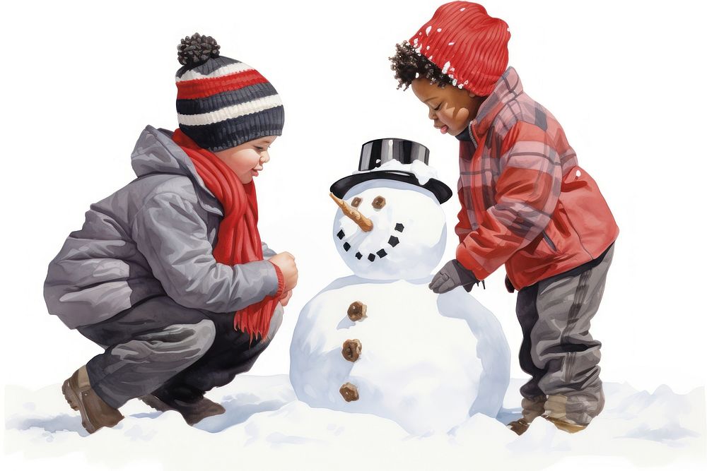 Black children building snowman winter | Free Photo Illustration - rawpixel