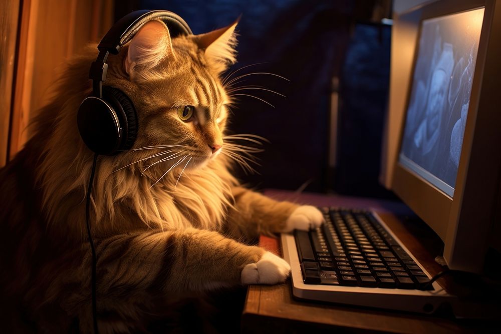 Wearing headphones computer sitting mammal. | Premium Photo - rawpixel