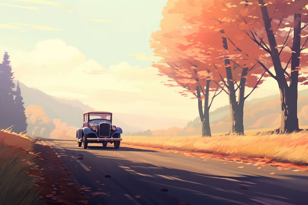 Old car vehicle autumn road. | Free Photo Illustration - rawpixel