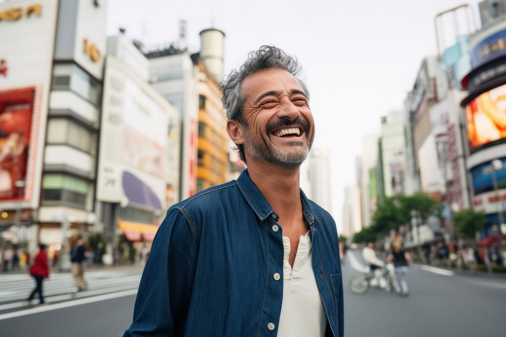 Hispanic tourist laughing smiling street. | Free Photo - rawpixel