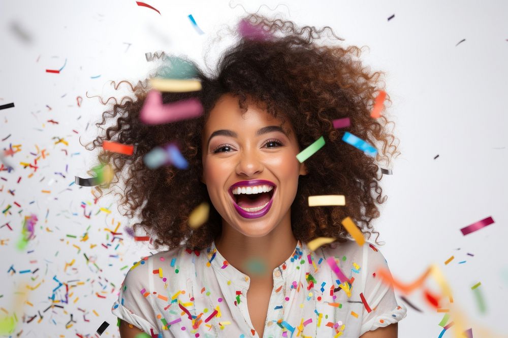 Celebrating laughing confetti smile | Free Photo - rawpixel