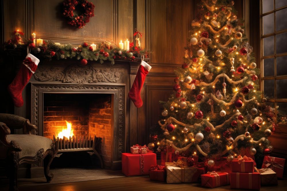 Fireplace christmas hearth tree. AI | Free Photo - rawpixel