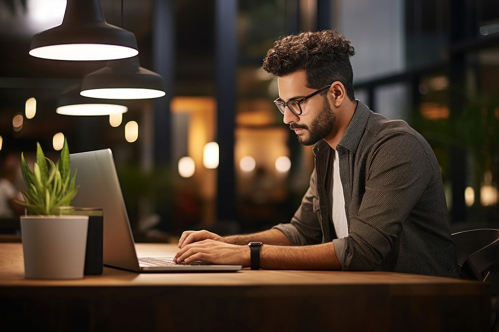 Latino man computer sitting working. | Free Photo - rawpixel
