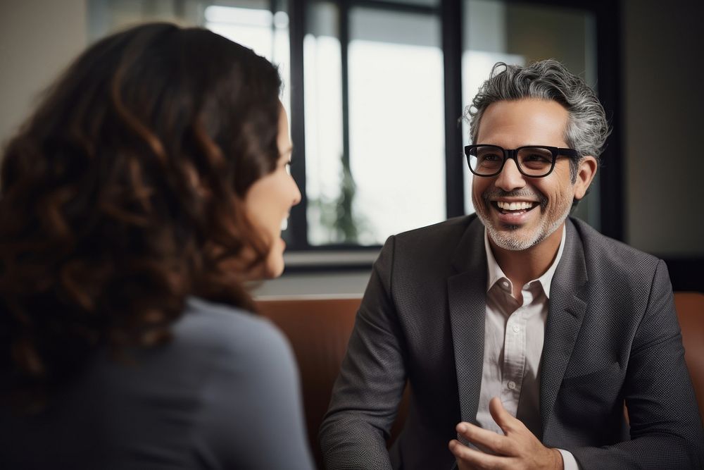 Hispanic psychologist conversation laughing talking. | Premium Photo ...