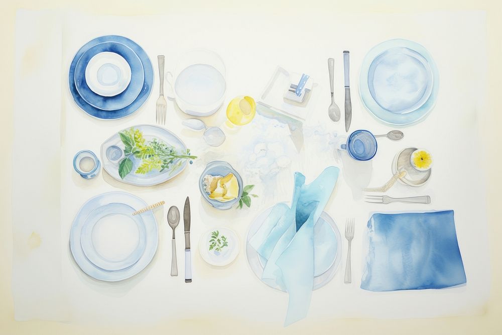 Morning table painting setting plate. | Free Photo Illustration - rawpixel