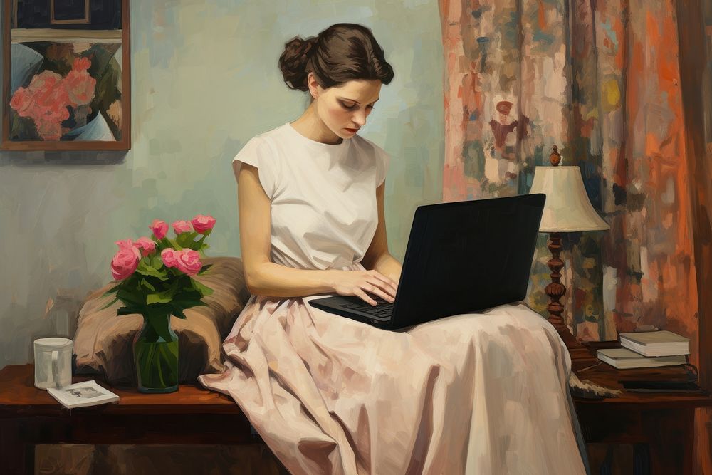 Painting computer sitting working. AI | Free Photo Illustration - rawpixel