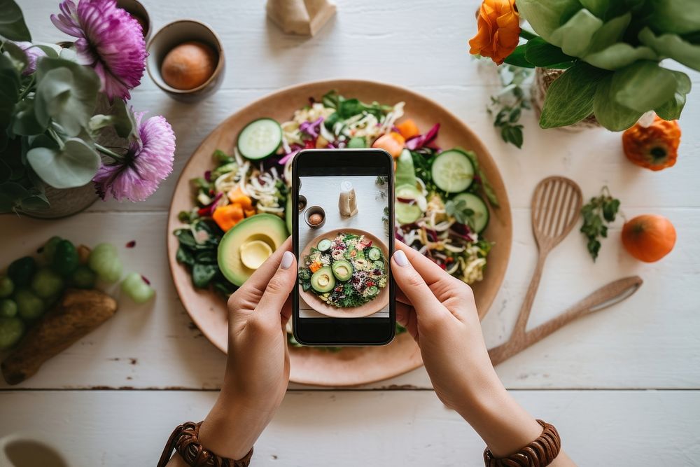 Plate salad phone food. AI | Free Photo - rawpixel